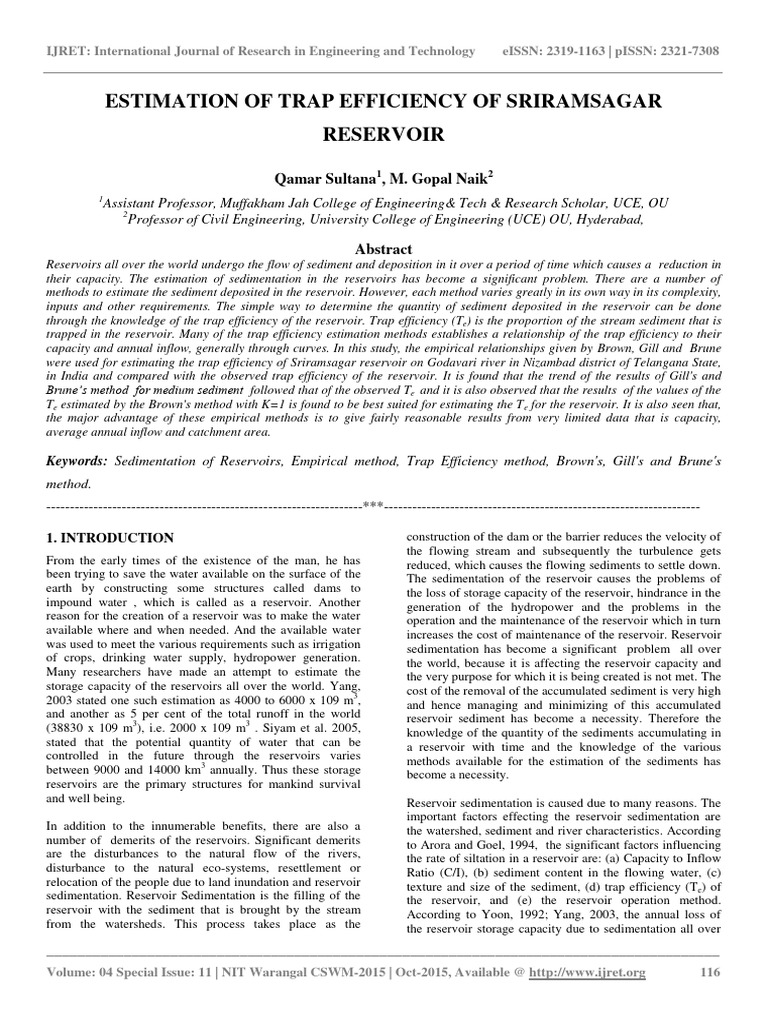 Estimation of Trap Efficiency of Srirams | PDF | Discharge (Hydrology ...