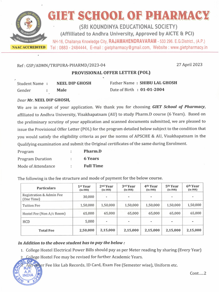 Mr. Neel Dip Ghosh - Provisional Offer Letter (PoL) | PDF