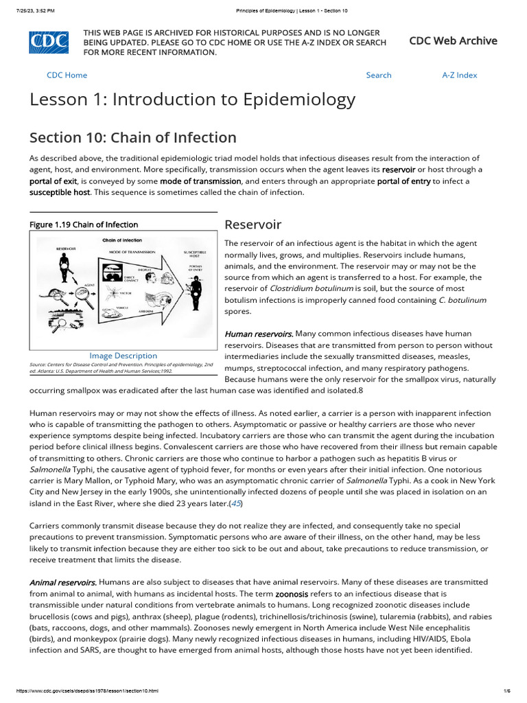 Principles of Epidemiology - Lesson 1 - Section 10 Chain of Infection | PDF | Infection | Pathogen