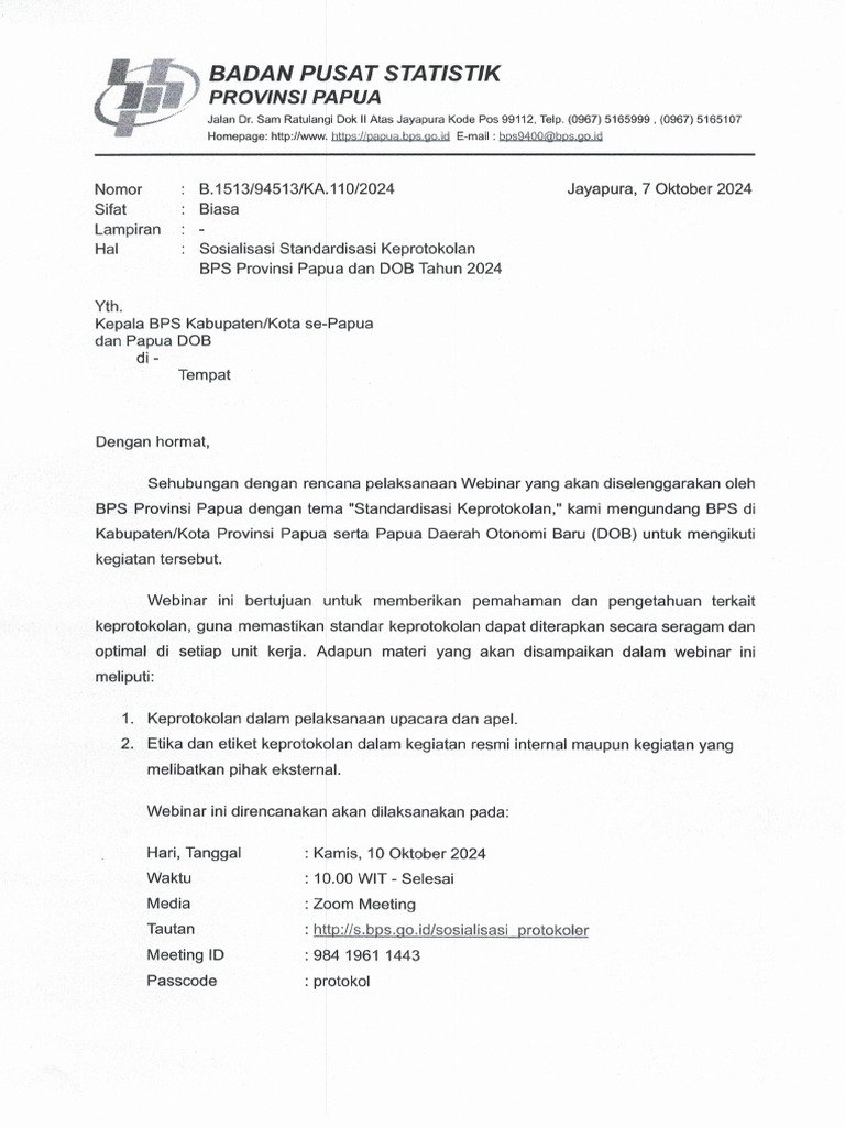 B 1513_Surat Sosialisasi Keprotokolan Papua DOB | PDF