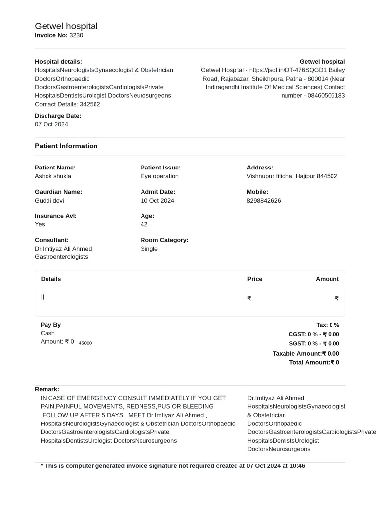 Getwel Hospital Invoice Details | PDF | Medical Specialties | Clinical ...