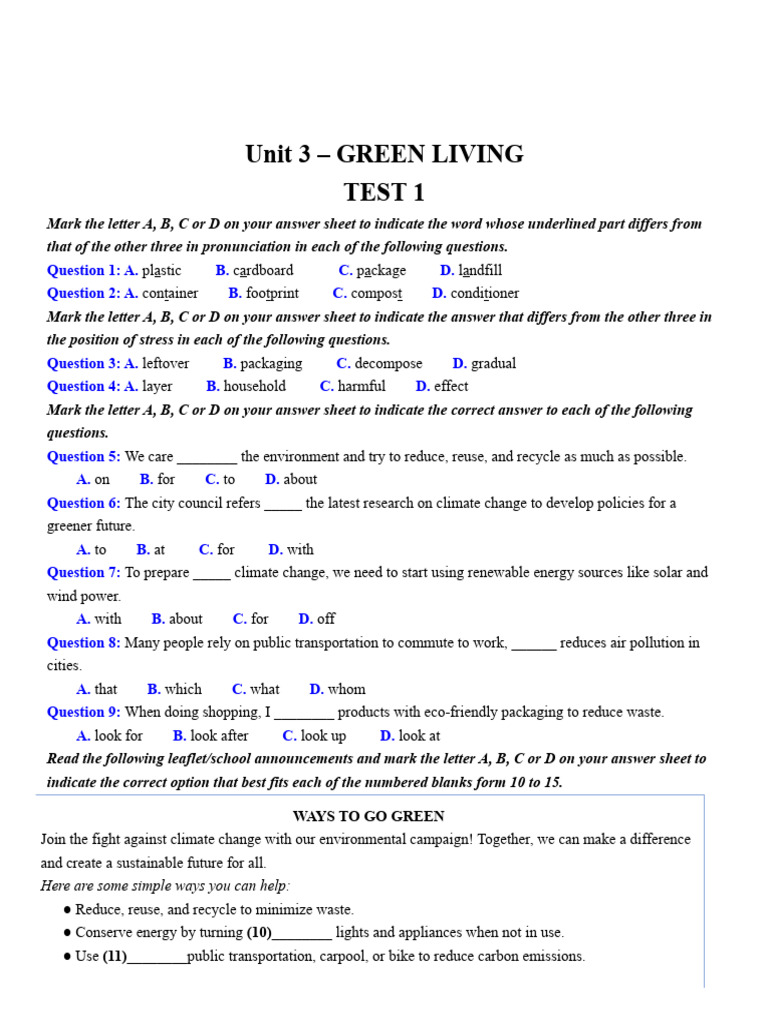 Test UNIT 3 GB12 - HS | PDF | Compost | Plastic