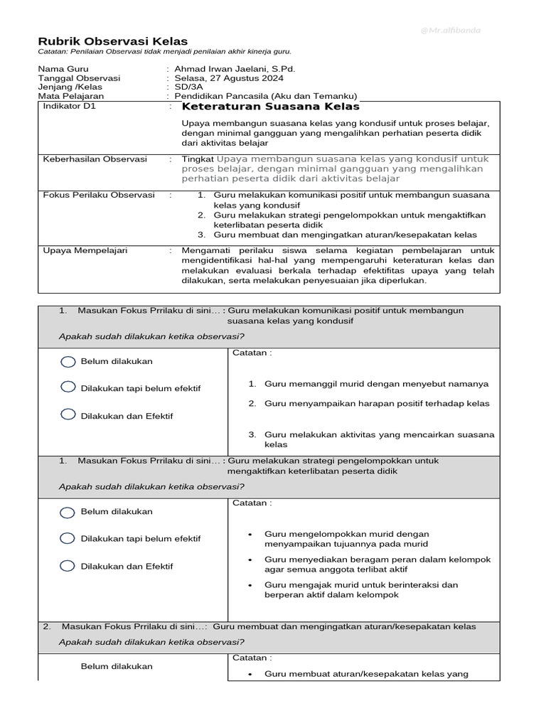 Blangko Format Rubrik Observasi Kls 3A | PDF