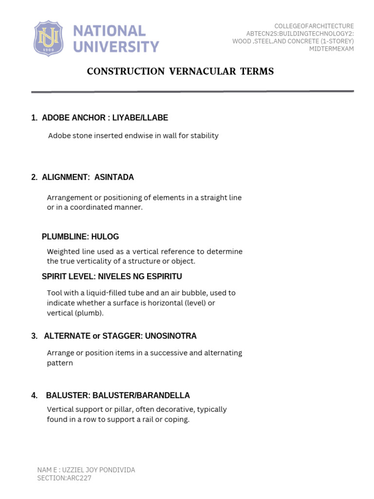 Construction Vernacular Terms: 1. Adobe Anchor: Liyabe/Llabe | PDF ...