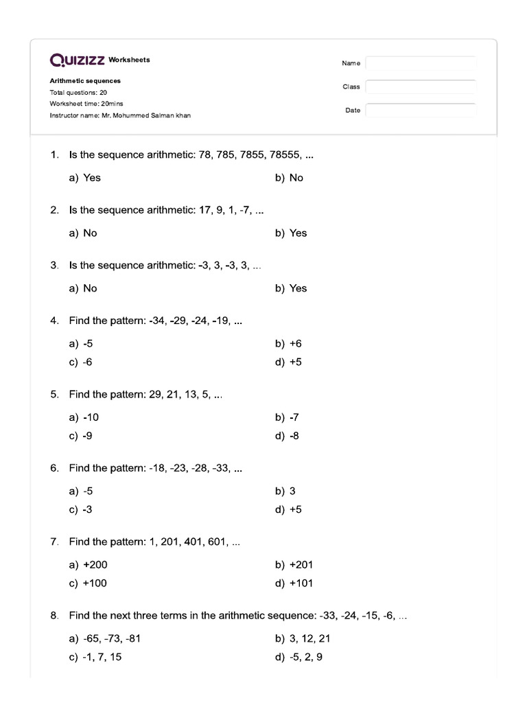 Arithmetic Sequences - 05 Q Key | PDF