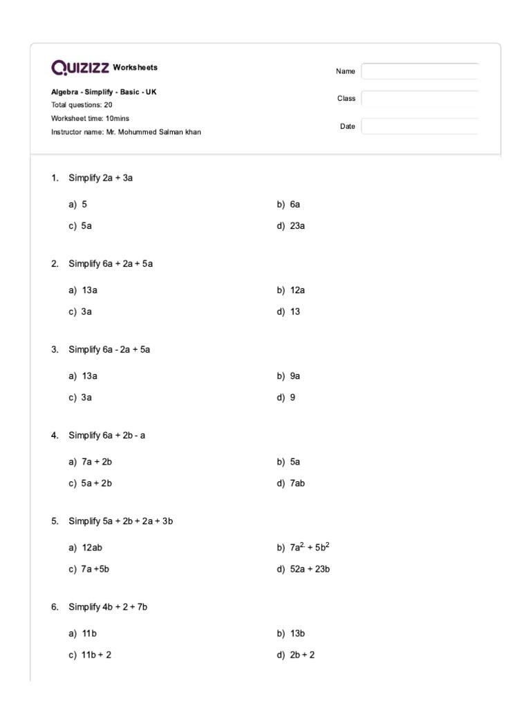Algebra - Simplify Key | PDF