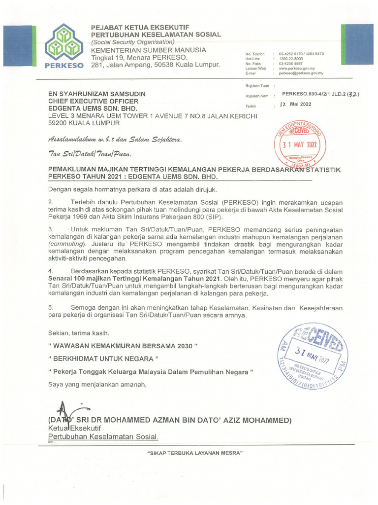 Perkeso Letter Statistik Kemalangan 2022 | PDF