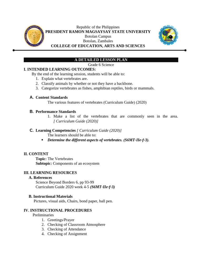 Vertebrates-Esc-8-Lesson-plan | PDF | Amphibian | Vertebrates