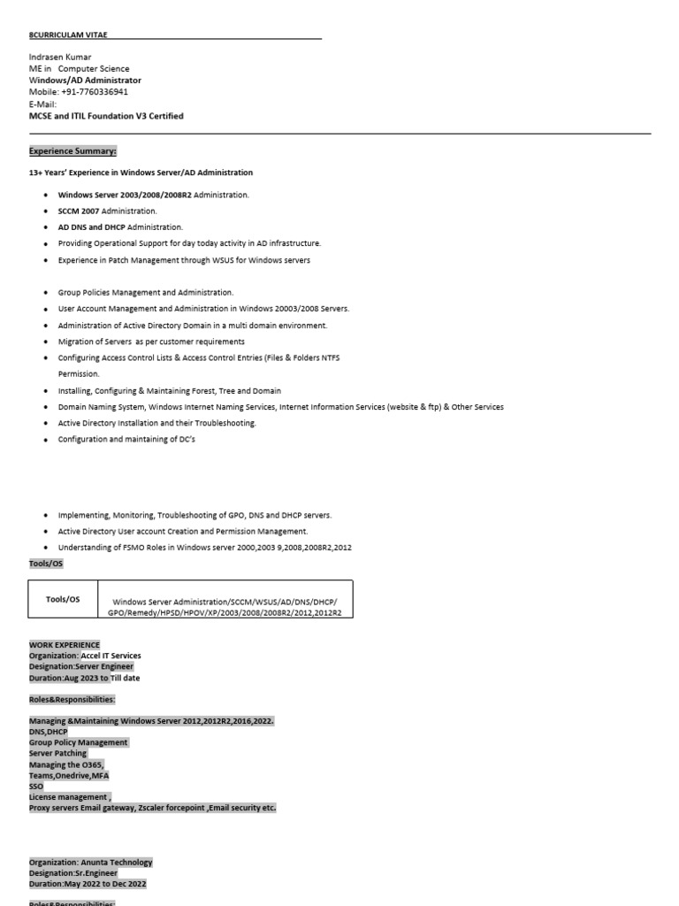 CV_Indrasen (1) | PDF | Backup | Microsoft Windows