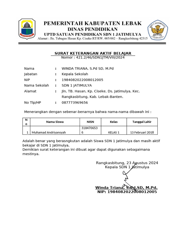 Surat Keterangan Aktif Belajar SDN 1 Jatimulya | PDF | Gaya Hidup