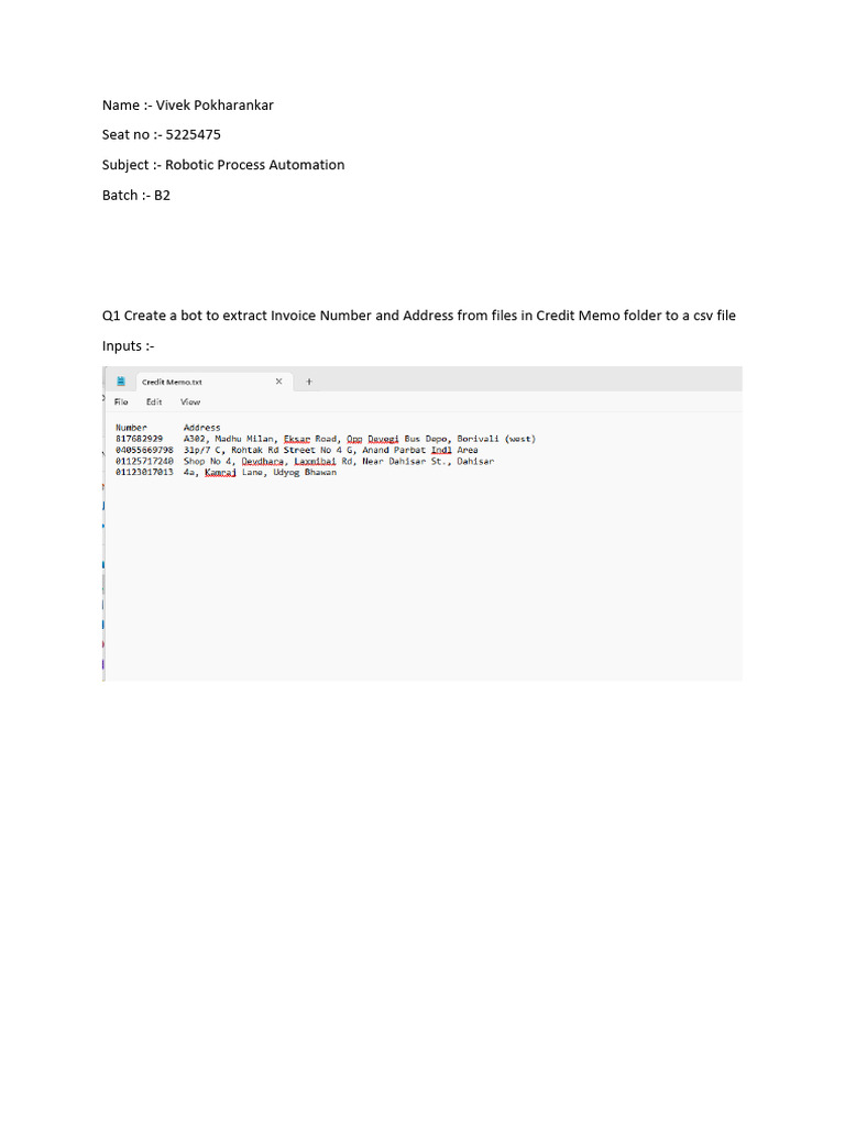 Name:-Vivek Pokharankar Seat No: - 5225475 Subject: - Robotic Process Automation Batch: - B2 | PDF
