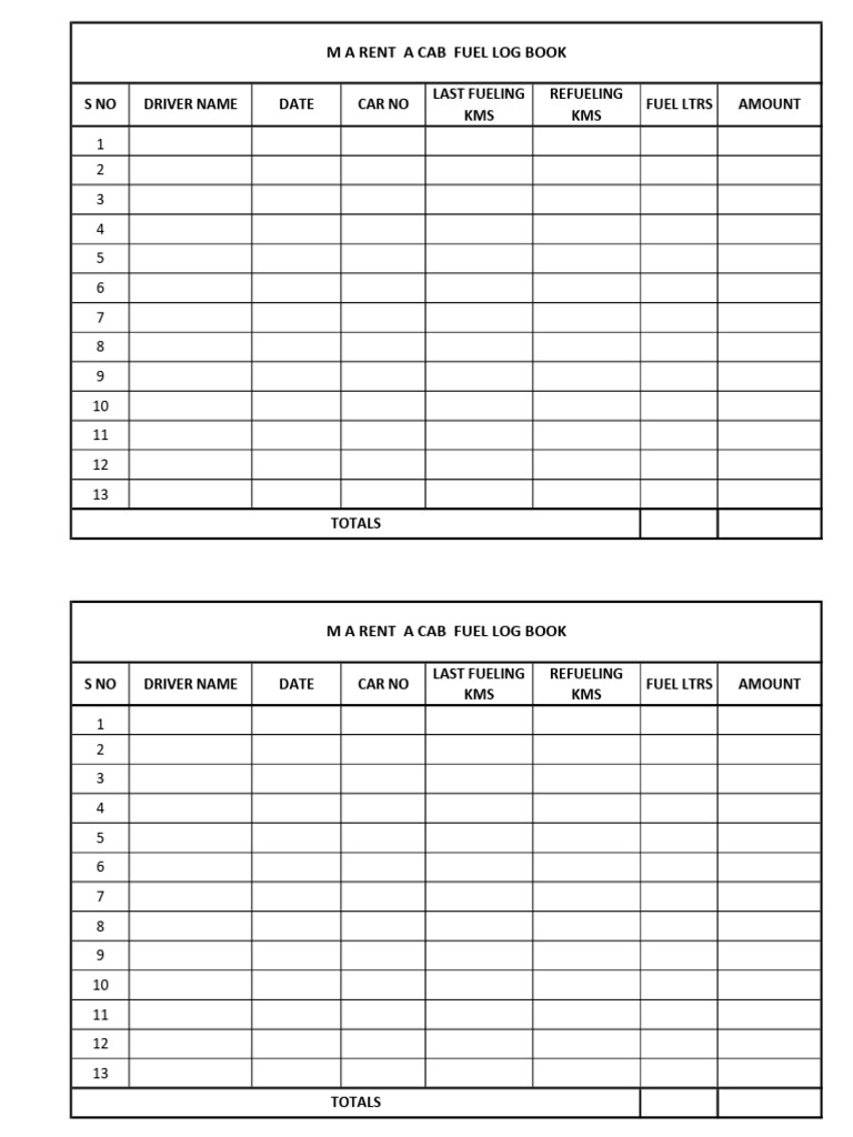 Cab Fuel Log Book Template | PDF