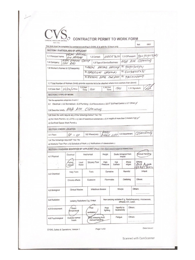 Contractor Permit To Work Form | PDF