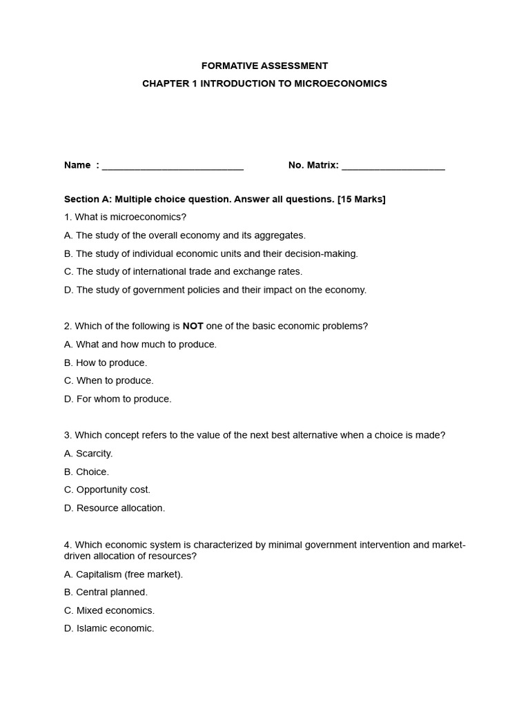 Microeconomics Quiz: Formative Assessment | PDF | Economic System ...