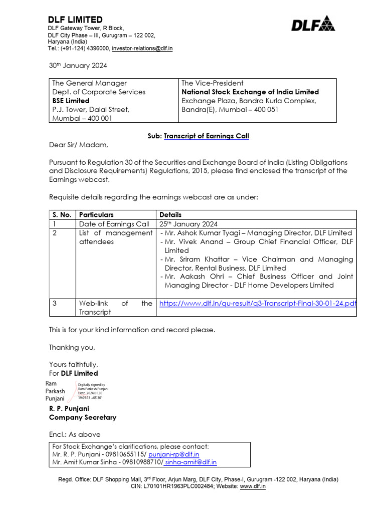 DLF Q3 Earnings Call Summary | PDF | Dividend | Economies