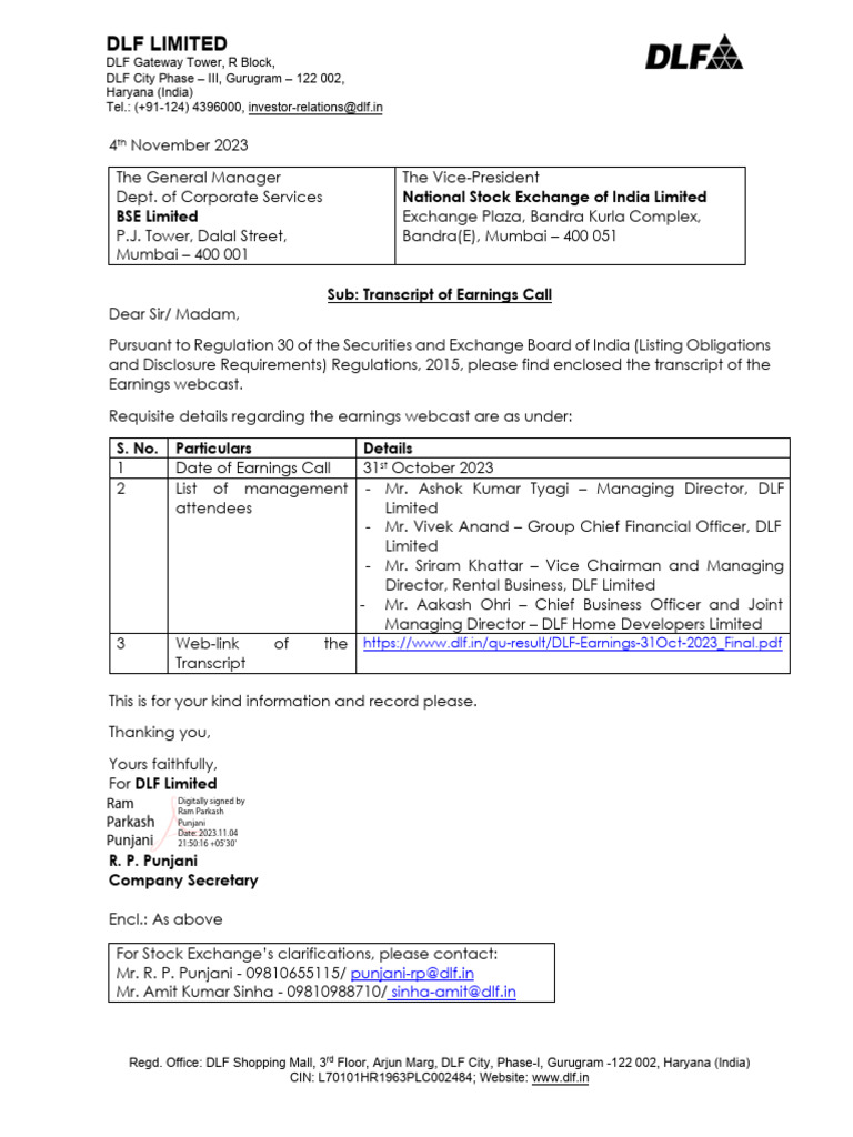 DLF Limited: BSE Limited National Stock Exchange of India Limited | PDF ...