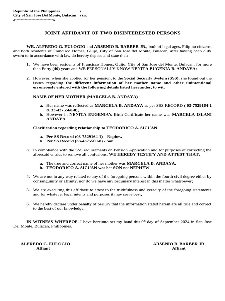 JOINT AFFIDAVIT OF TWO DISINTERESTED PERSONS-Eulogio and Barber | PDF ...