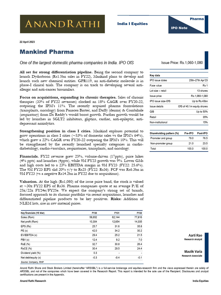 Anand Rathi Mankind Pharma IPO | PDF | Tablet (Pharmacy) | Free Cash Flow