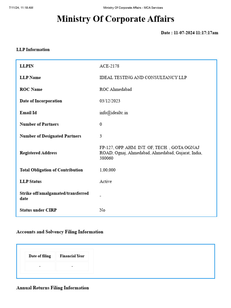 Ministry of Corporate Affairs - MCA Services | PDF