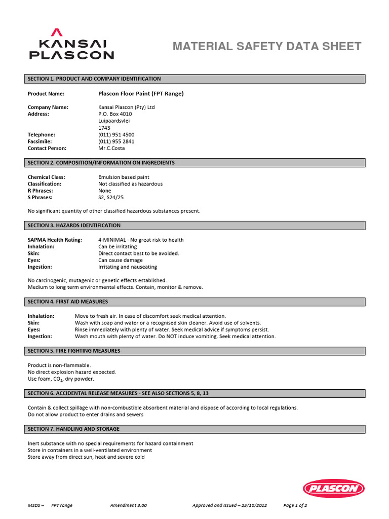 MSDS - FPT Range Floor Paint (Plascon) | PDF | Paint | Hazards