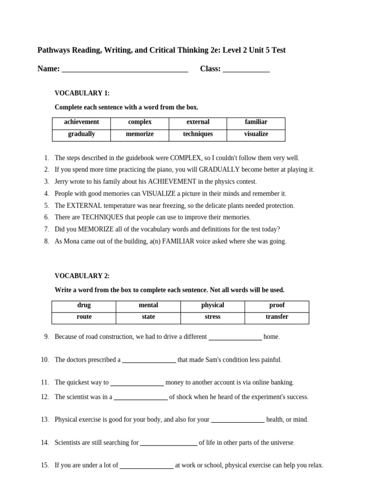Pathways Reading Test U5 | PDF | Vocabulary | Memory