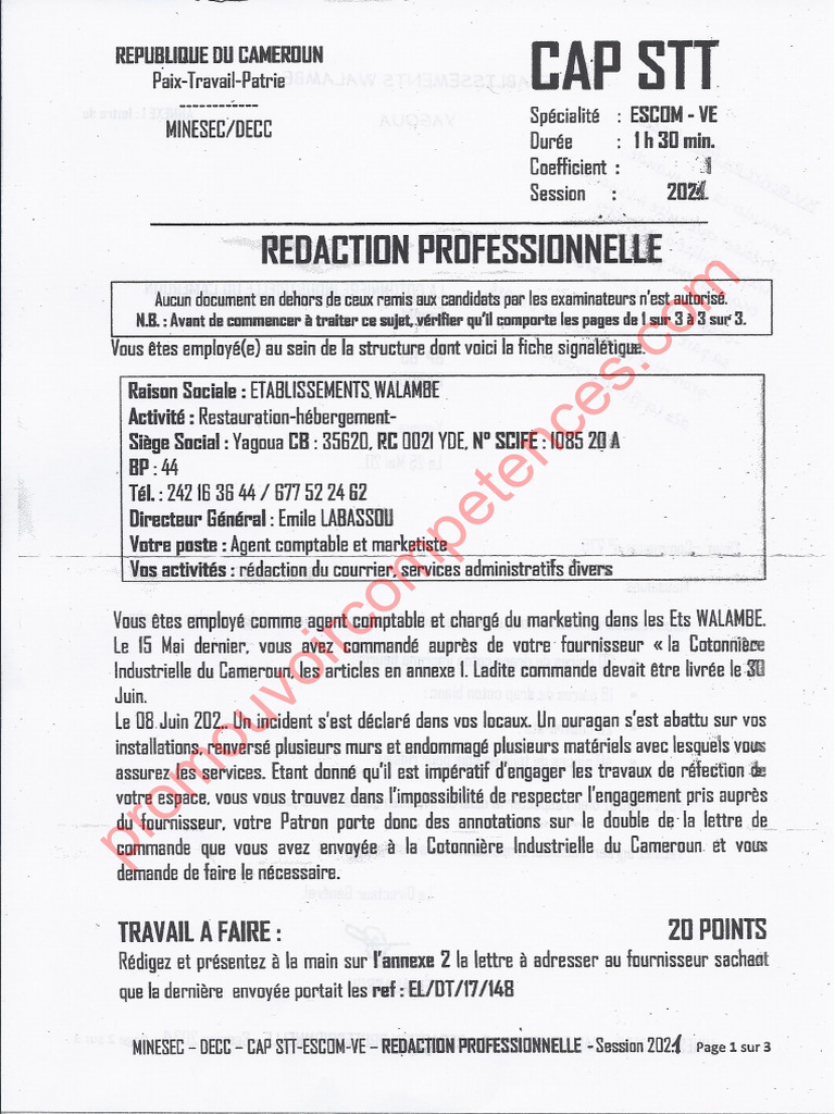 Epreuve Redaction Professionnelle Cap STT 2021 Escom Vepromouvoircompetences Com | PDF