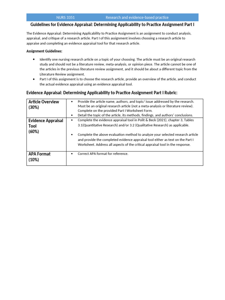 Evidence Appraisal Assignment Guidelines | PDF