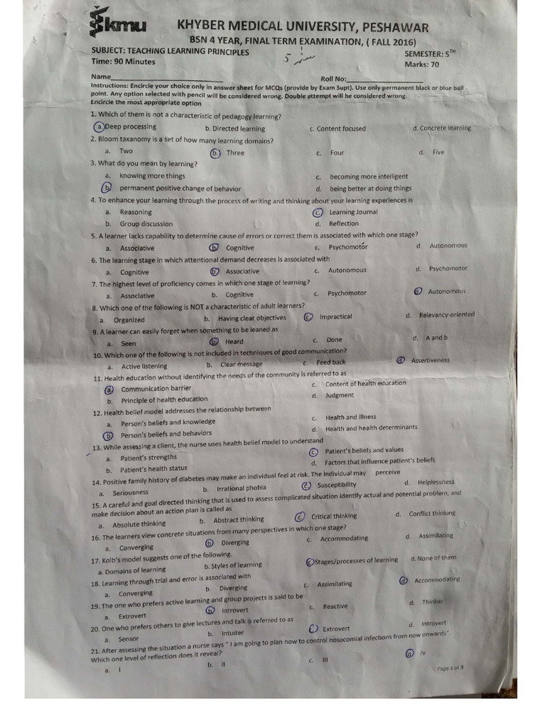 Teaching Learning Principle 5th Semester BSN Past Paper 2016 ...