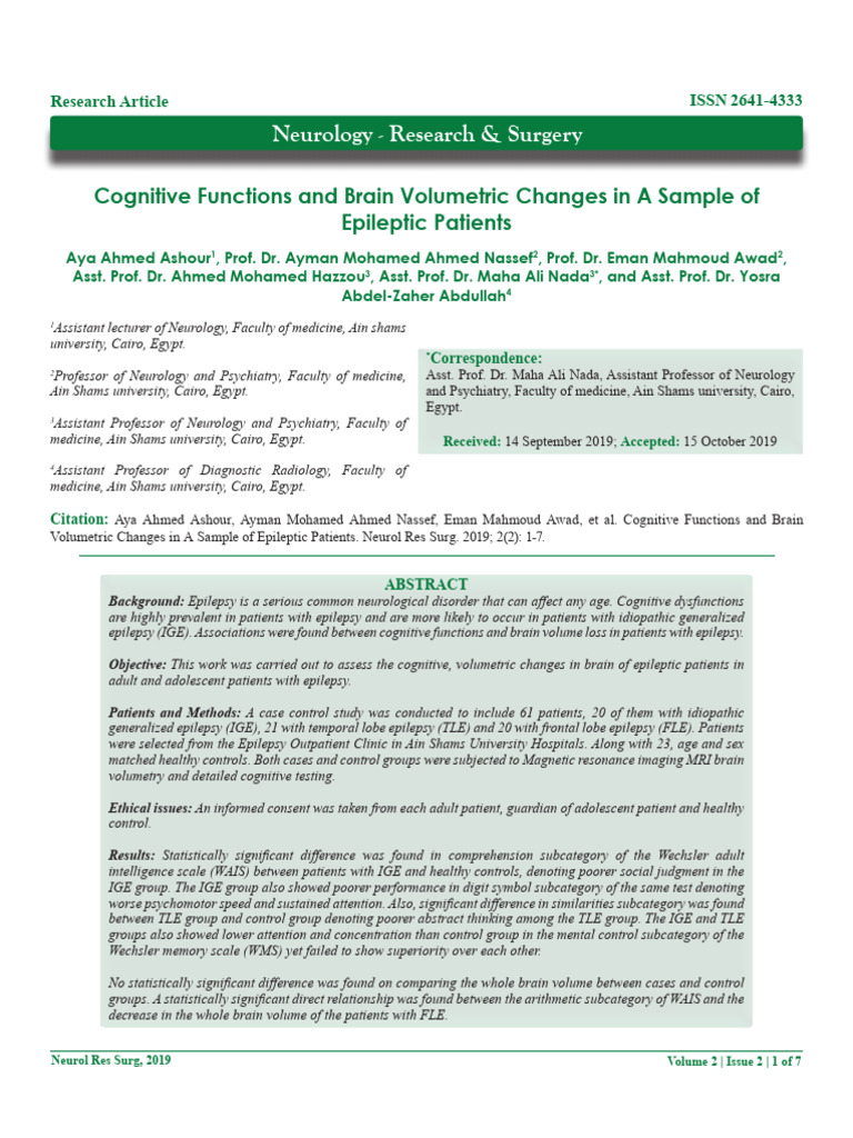 Cognitive Functions and Brain Volumetric Changes in A Sample of Epileptic Patients | PDF ...