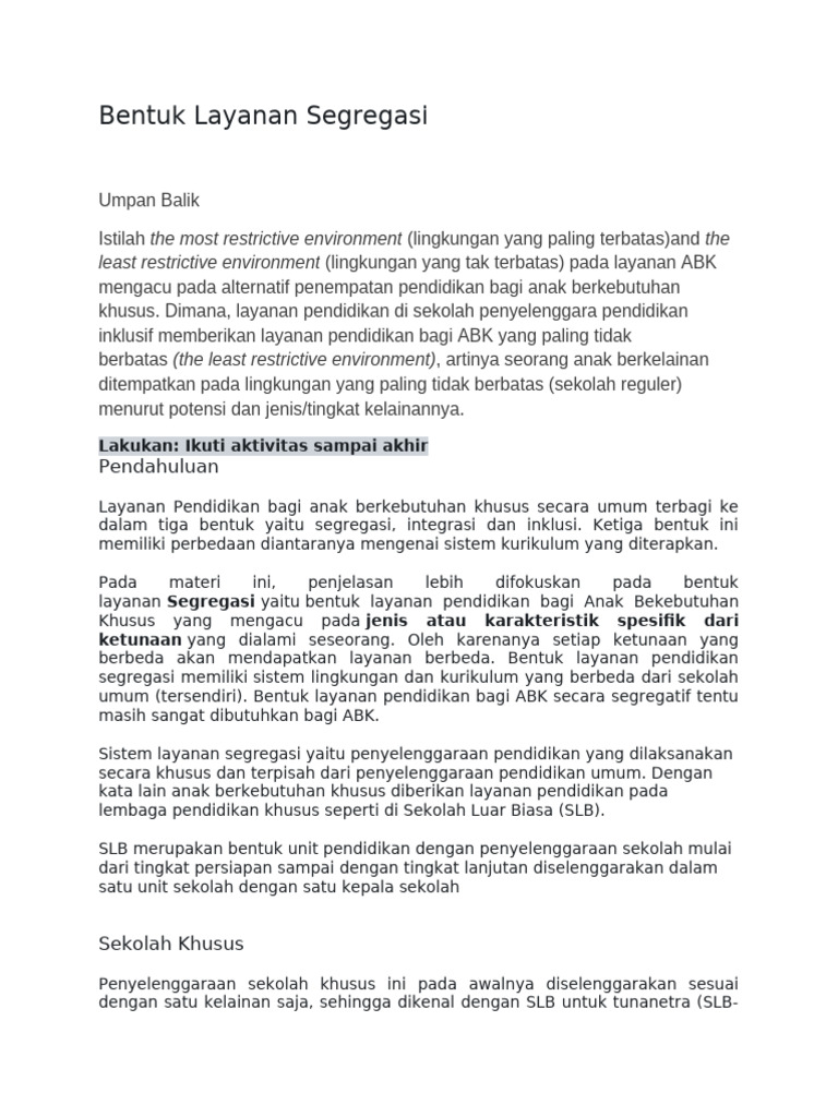 Bentuk Layanan Segregasi | PDF | Pengembangan Diri | Kesehatan Holistik