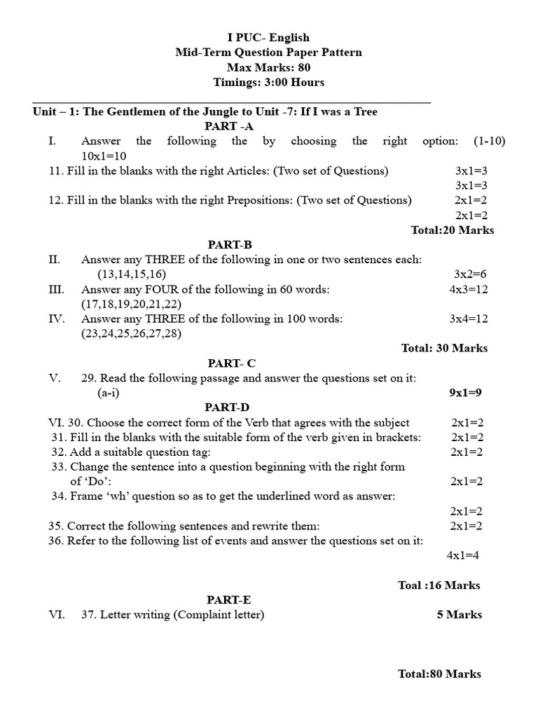 I PUC Mid Term QP Pattern-1 | PDF | Semantic Units | Language Families
