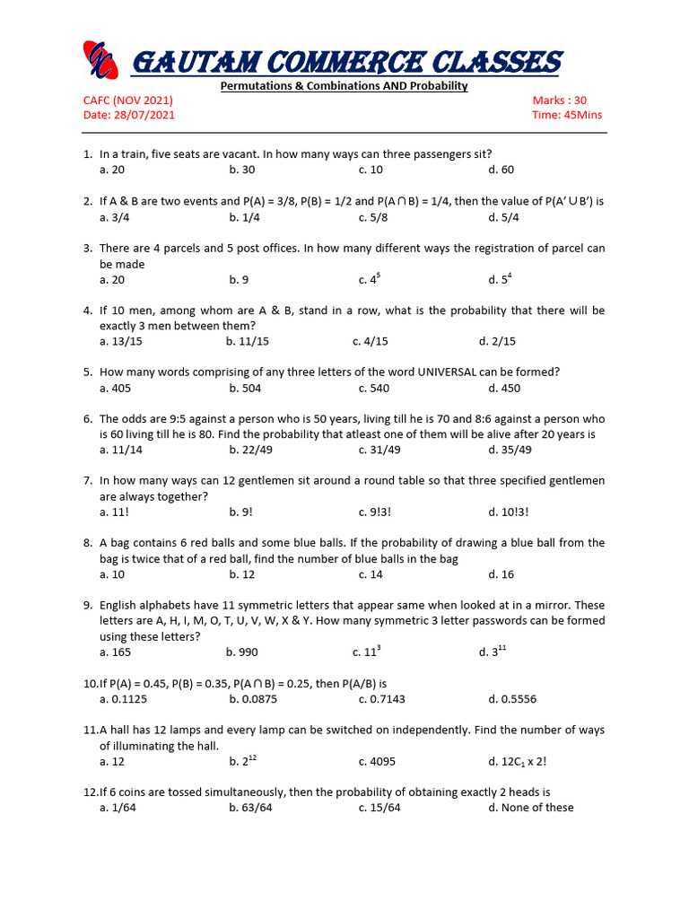 Permutations & Combinations AND Probability | PDF | Odds | Probability