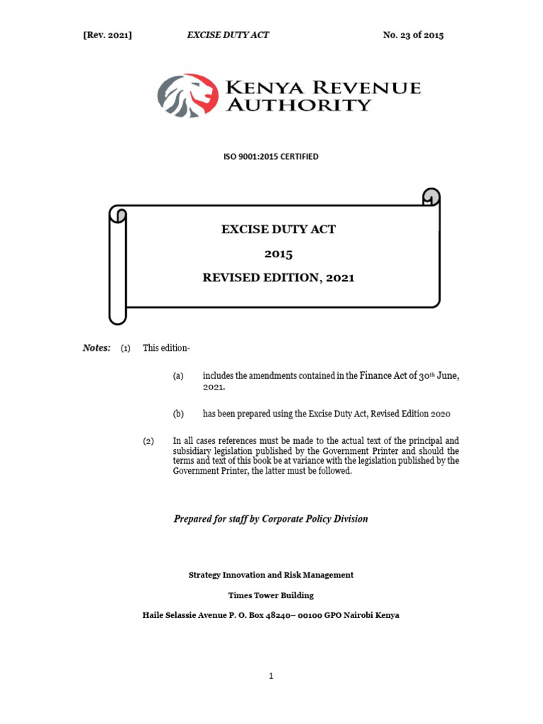 Excise Duty Act 2015 Revised 2021 | PDF | Excise | Taxation