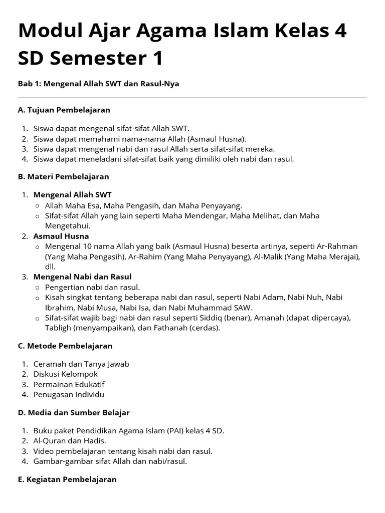 Buatkan Saya Modul Ajar Agama Islam Kls 4 Bab 1 Semester 1 Lengkap Dengan LKPD | PDF
