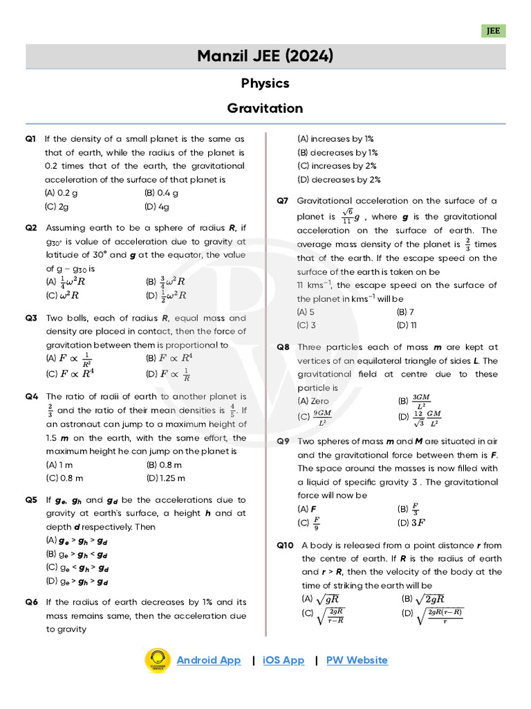 Gravitation _ Practice Sheet | PDF | Gravity | Mass