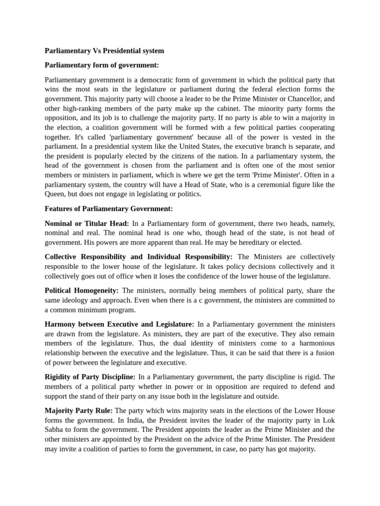 Parliamentary Vs Presidential System | PDF | World Politics ...