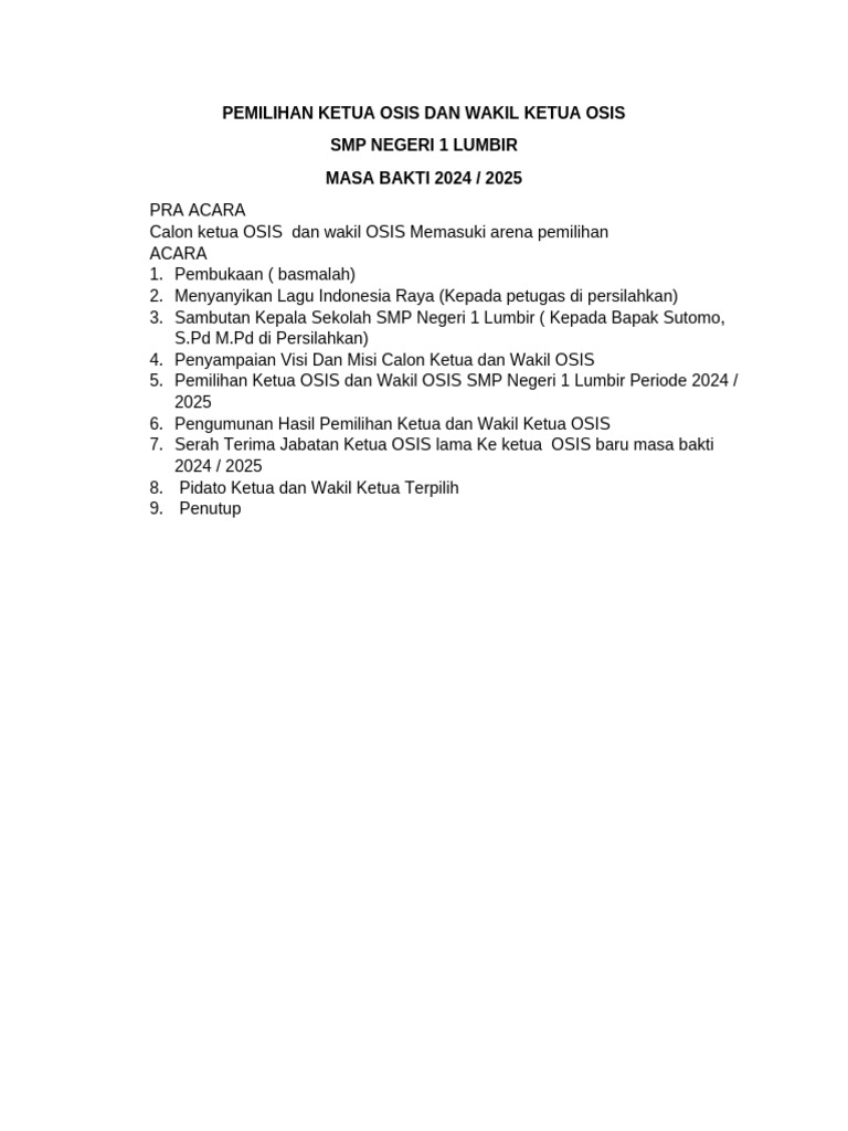 Pemilihan Ketua OSIS SMPN 1 Lumbir 2024 | PDF