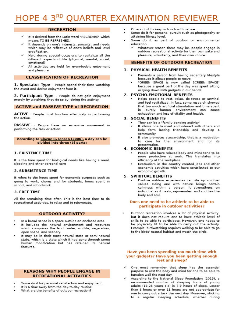 Hope 4 3rd Quarter Examination Reviewer | PDF | Recreation | Eating