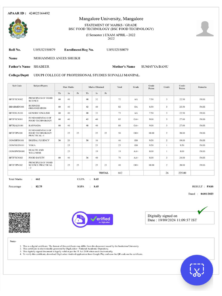Anees Graduation Marks Card | PDF