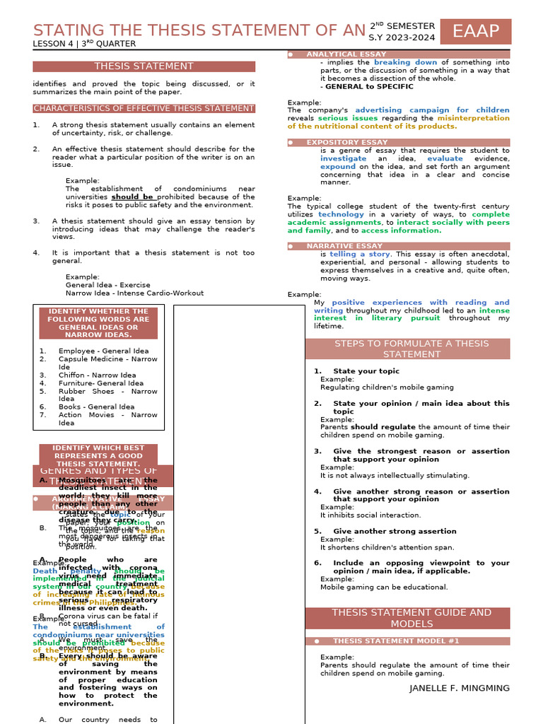 Stating The Thesis Statement of An Academic Text | PDF | Essays