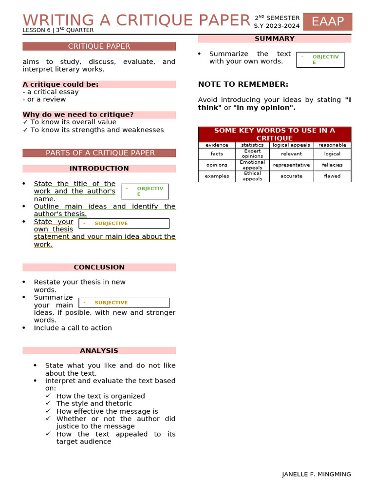Writing A Critique Paper (Lesson 6) | PDF | Fallacy | Cognition