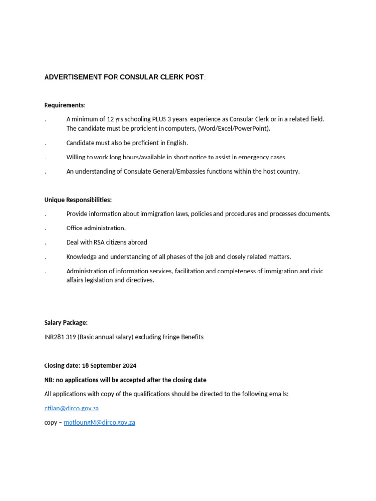 Advertisement - For - Consular - Clerk - Post Aug - 2024 | PDF