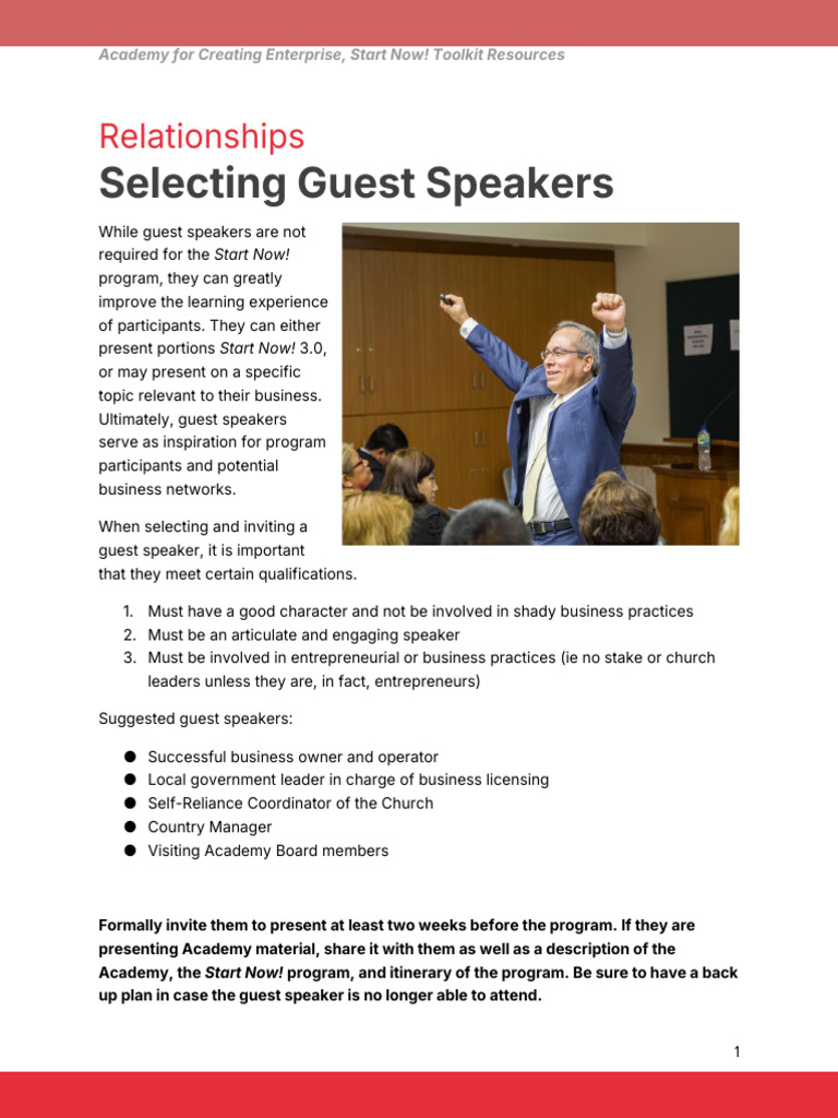 Selecting Effective Guest Speakers for Start Now! | PDF