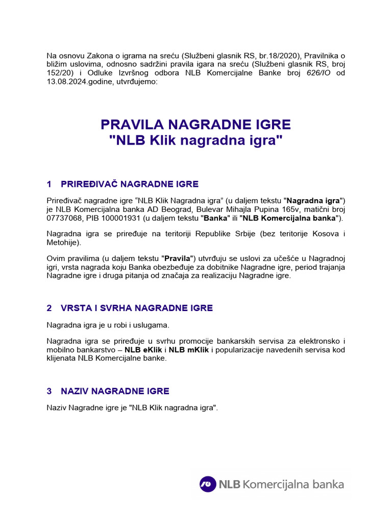 NLB Klik - Pravilnik Nagradne Igre | PDF