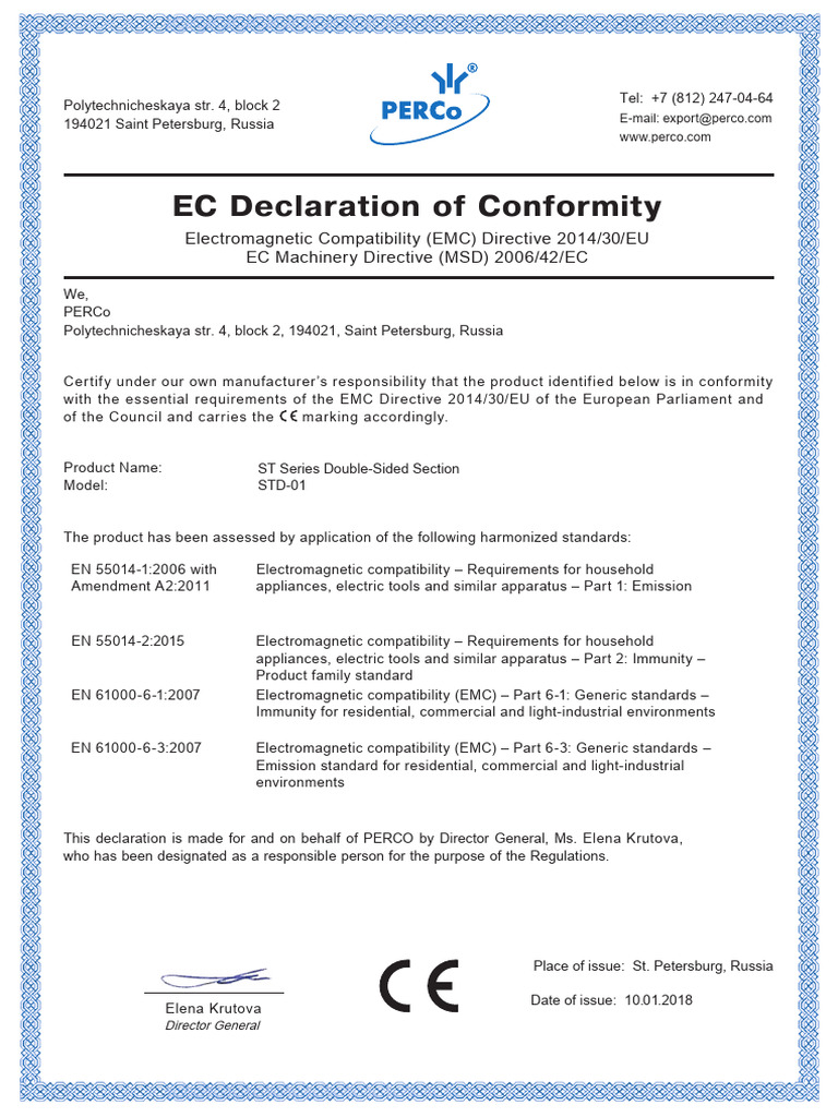 PERCo EMC Compliance Declaration 2018 | PDF