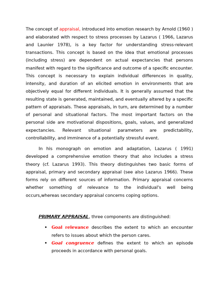 The Concept of Appraisal Stress and Coping Theory | PDF | Emotions ...
