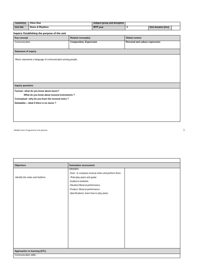 MYP Unit Planner Template | PDF | Piano | Musical Compositions