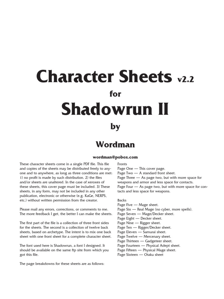 Character Sheets v22 For Shadowrun II Divnull Sheet With One Front ...