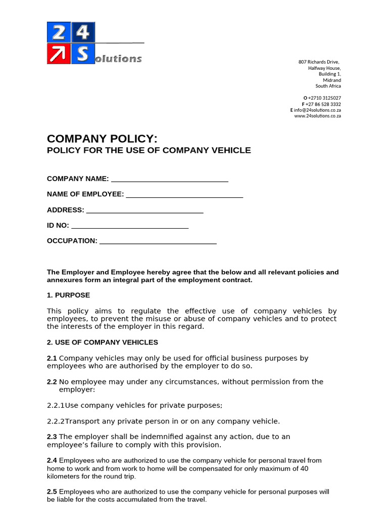 24 Solutions Vehicle Policy 008 | PDF | Driving | Employment