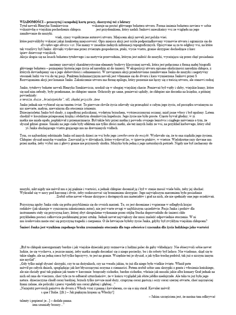 Janko Muzykant - Karta Pracy | PDF